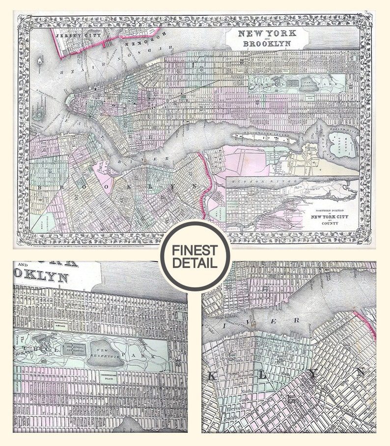 Old Map New York City 1870 Poster Print Samuel | Etsy