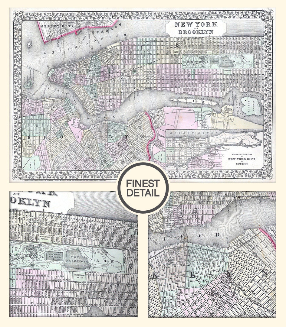 Old map New York City 1870 Poster print Samuel | Etsy