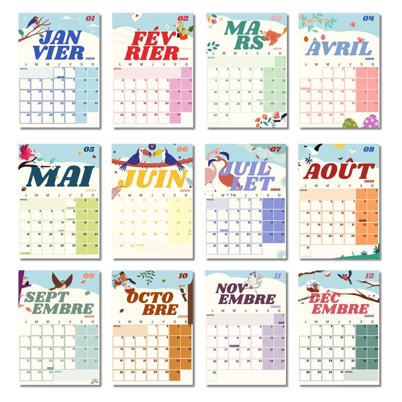 Calendrier 2026 PDF – 12 mois en français illustrés • Calendrier ...