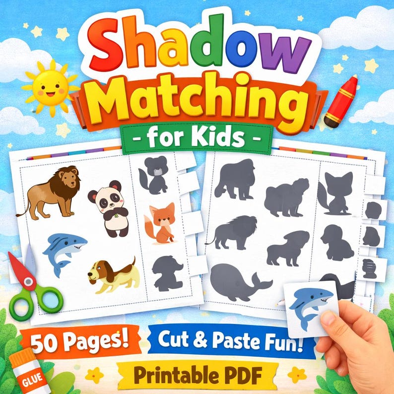 Shadow Matching for Kids | Cut and Paste Activity | 50 Printable Pages ...