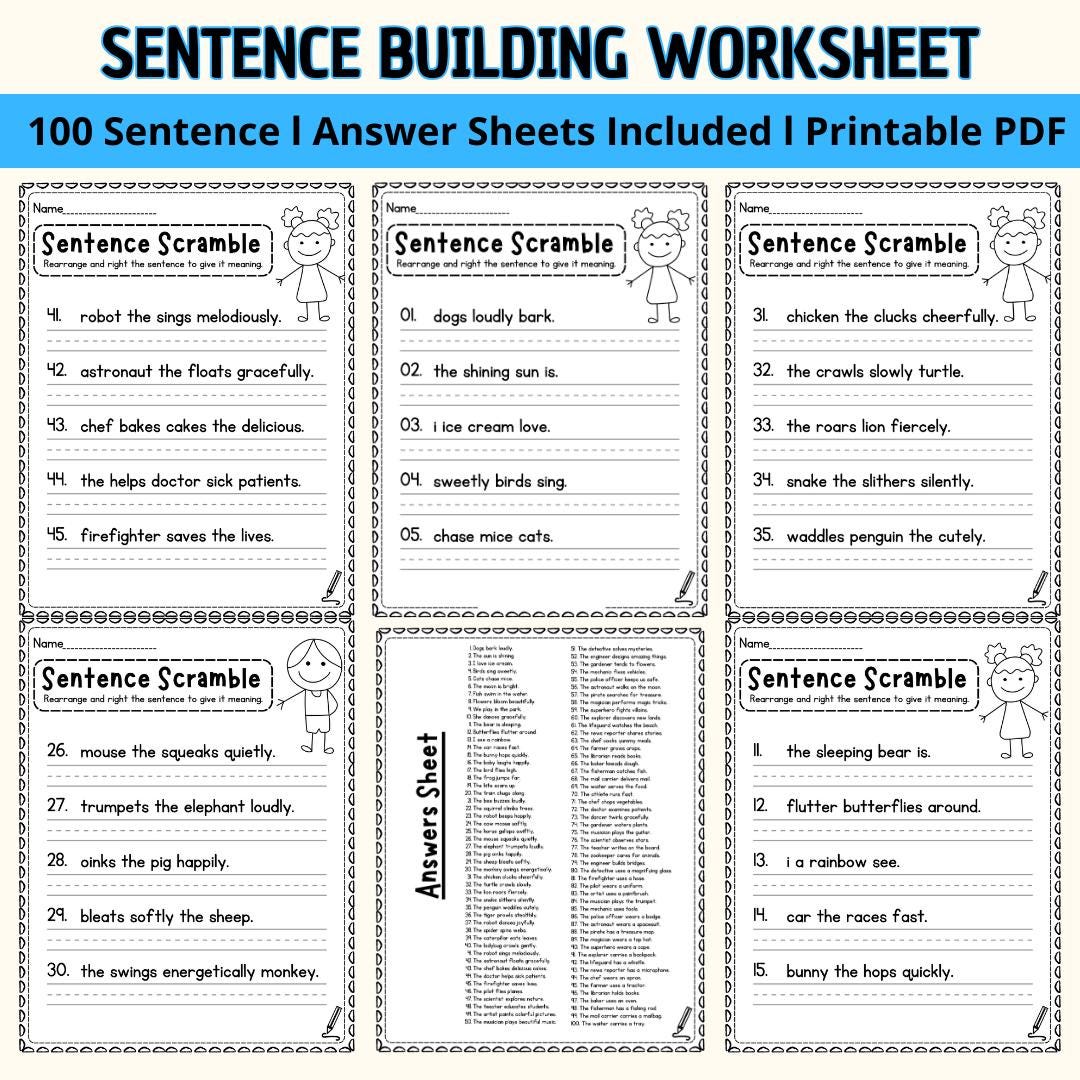 Sentence Building Worksheets for Kindergarten, Build 100 Simple ...