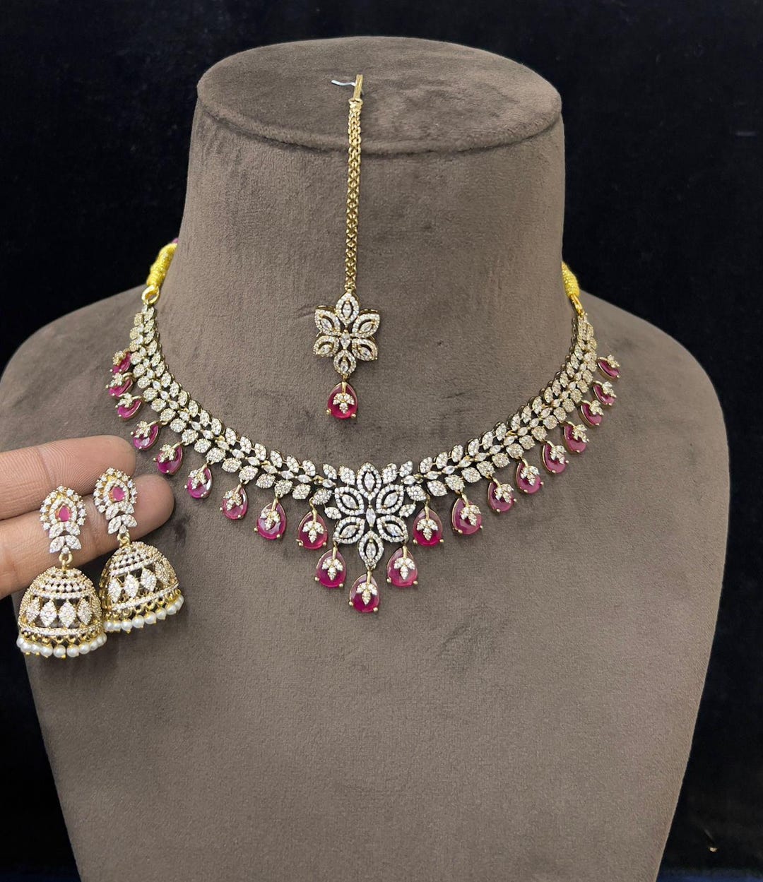 Diamond CZ Necklace Set With Matching Earrings & Tikka Pink Stones ...