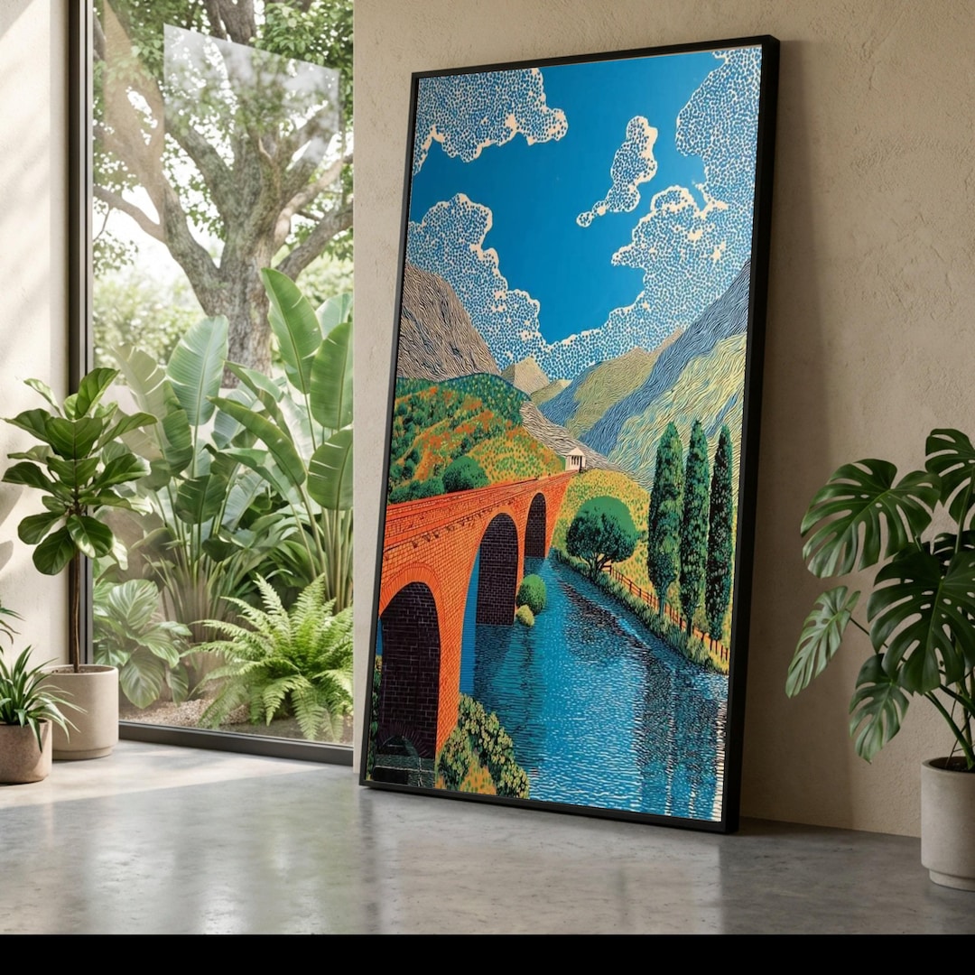 David Hockney Landscape Canvas, Bridge Over River Wall Art, Colorful ...