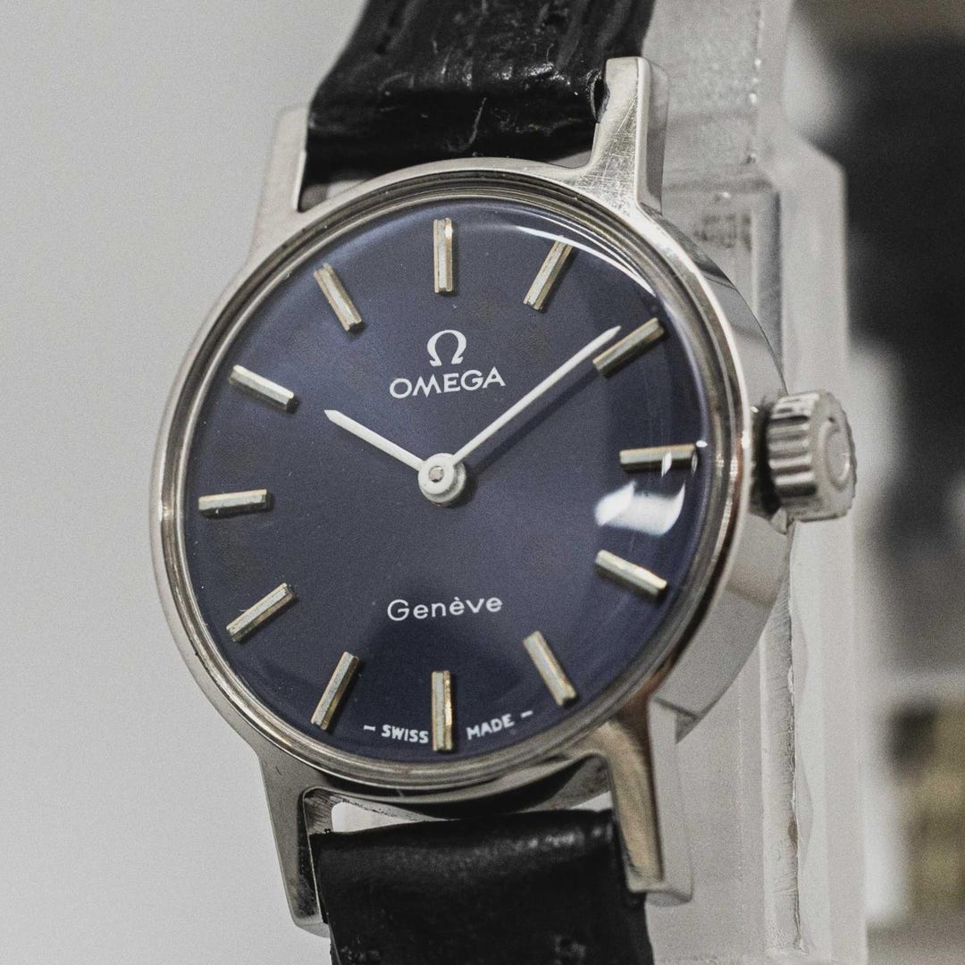 No Tariffs *N MINT* Vintage OMEGA Geneve Cal.485 MT Navy Blue Dial 20mm ...