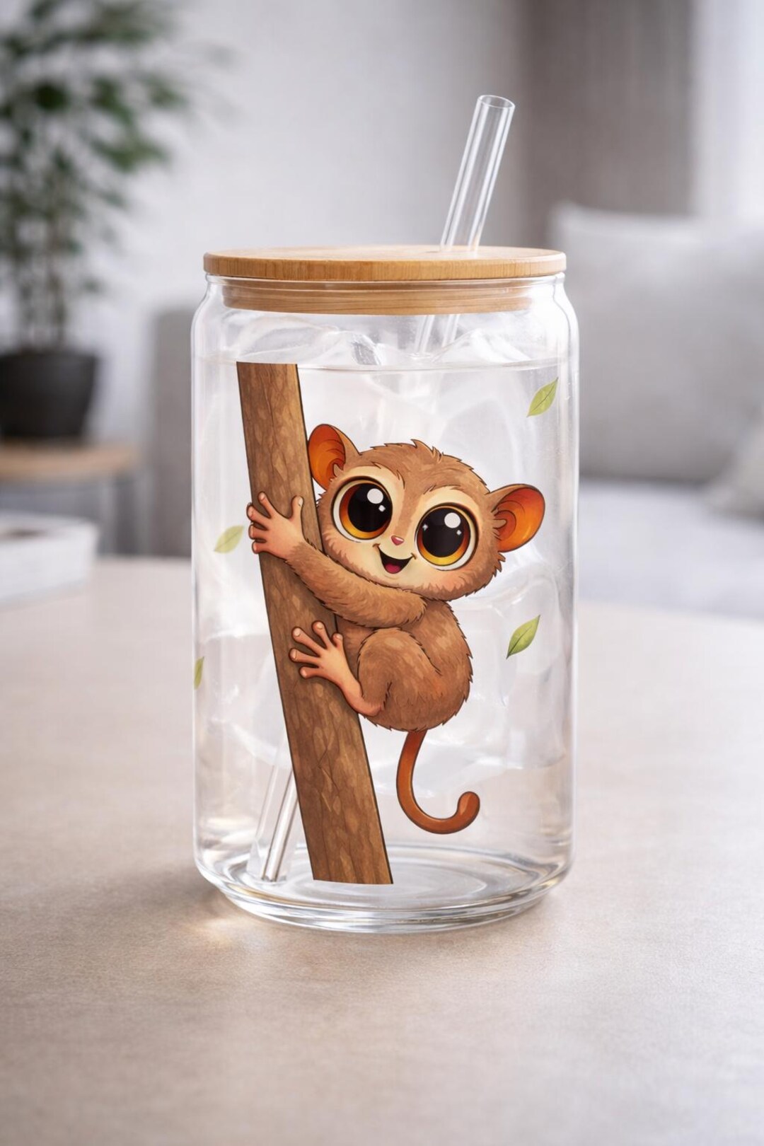Cute Tarsier Glass Cup With Bamboo Lid & Straw | Aesthetic Iced Coffee ...
