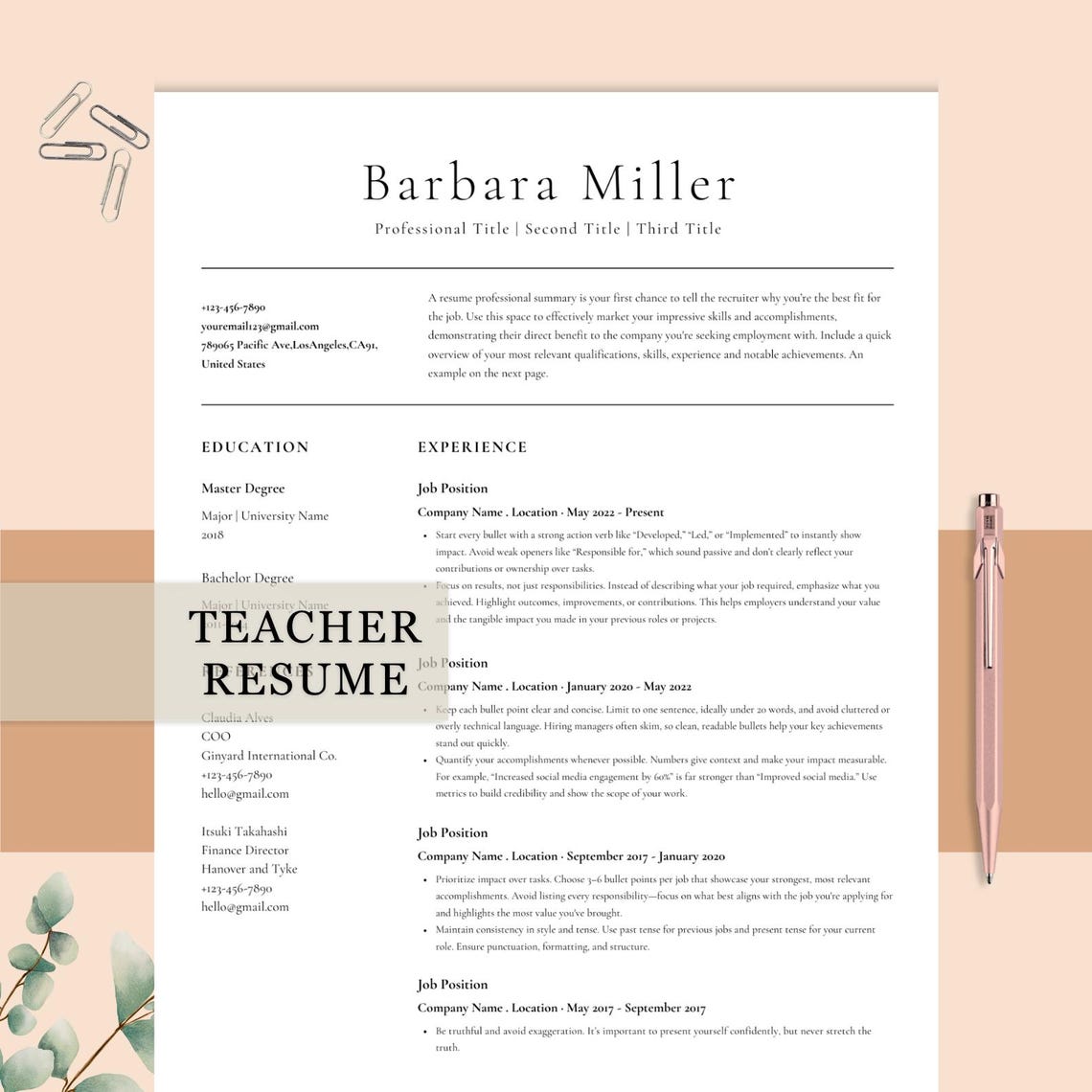 ATS Friendly Principal Resume Template, Teacher Resume and Cover Letter ...