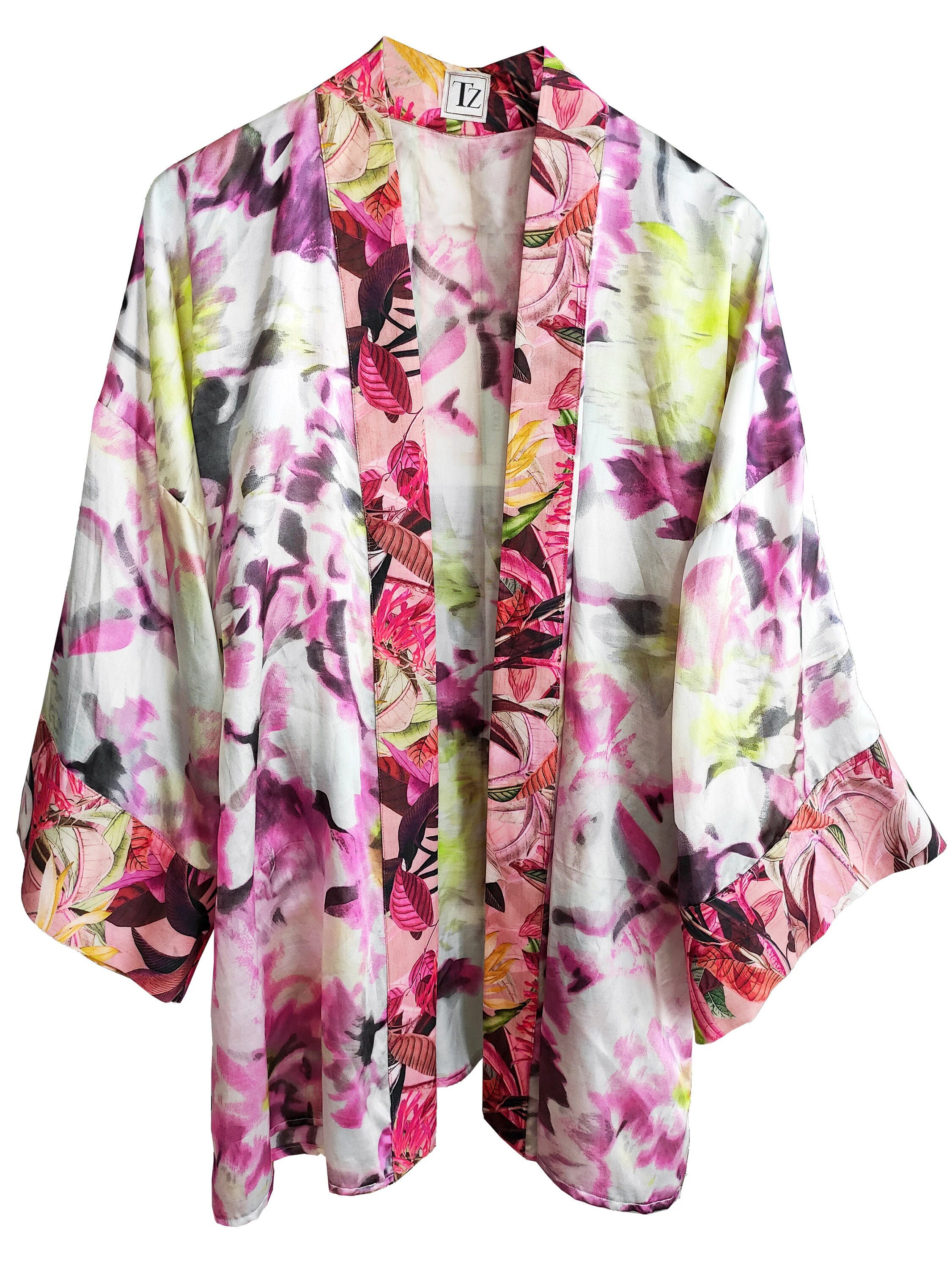 Pink Floral Silk Kimono, Satin Silk Kimono, Pink Flower Kimono, Plus ...
