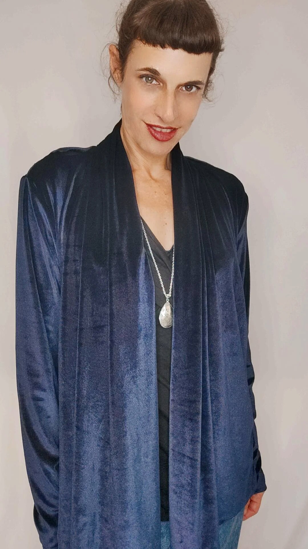 Navy Blue Velvet Cardigan, Blue Velvet Jacket, Plus Size Clothing ...