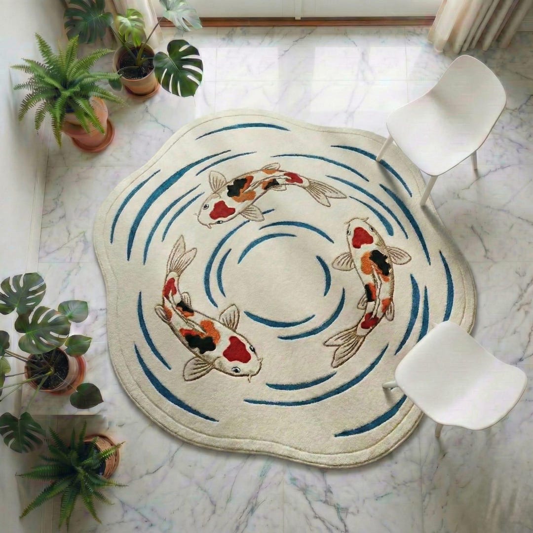 Japandi Koi Fish Rug – Hand Tufted Soft Cream Area Rug, Zen Minimalist ...