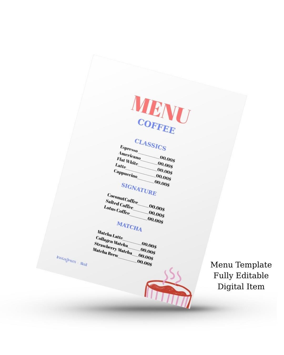 Coffee Shop Menu Template, Minimal Cafe Menu, Editable Digital Menu ...