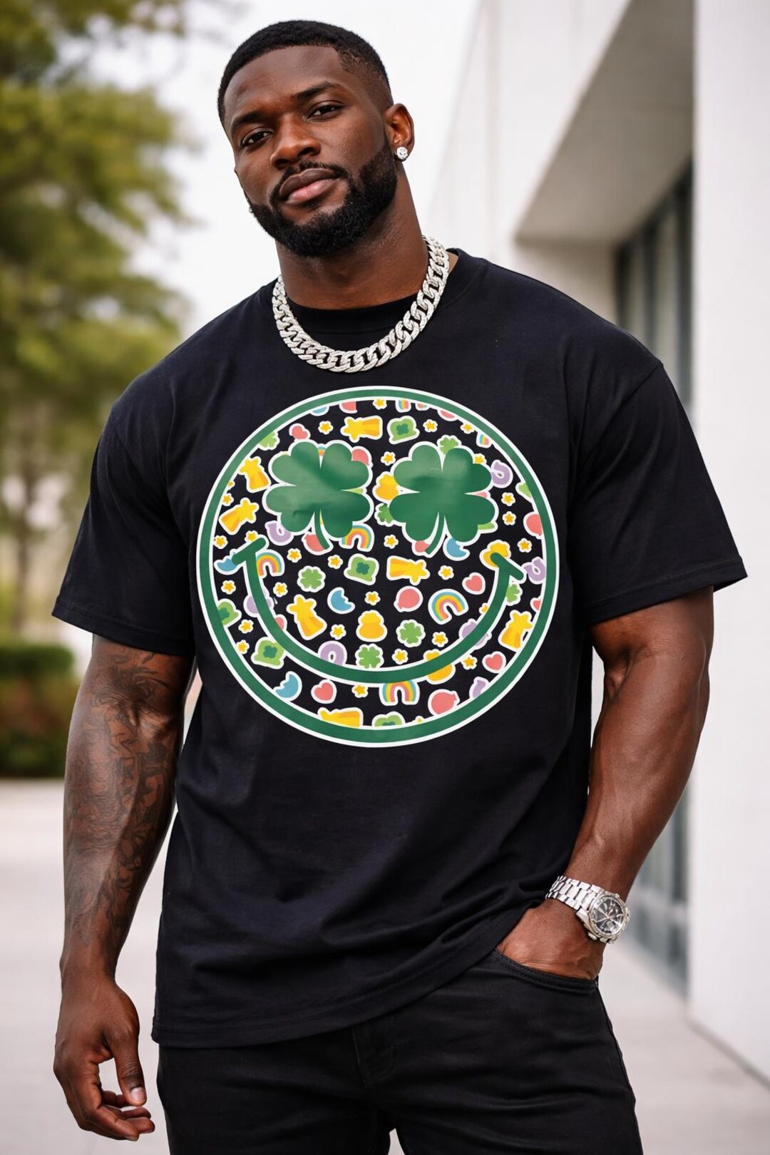 Green Lucky Charm Smiley Face With Clover Eyes- Graphic Tee - Etsy