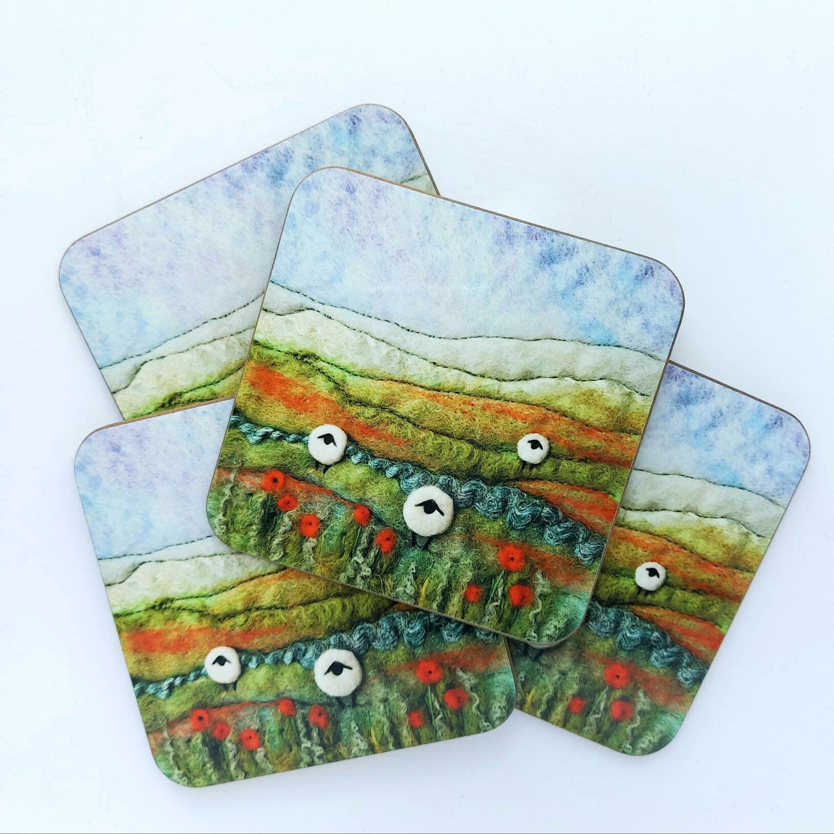 Sheep Poppy Landscape Picture Felt Art Print Coaster - Etsy UK