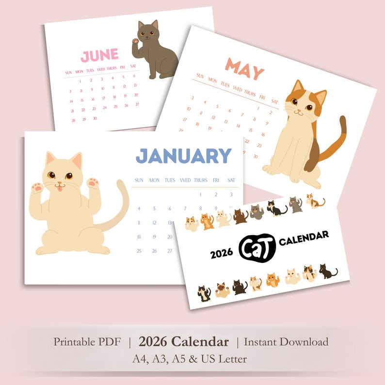 Goofy 2026 Cat Calendar: Printable A3, A4, A5, US Letter PDF - Etsy