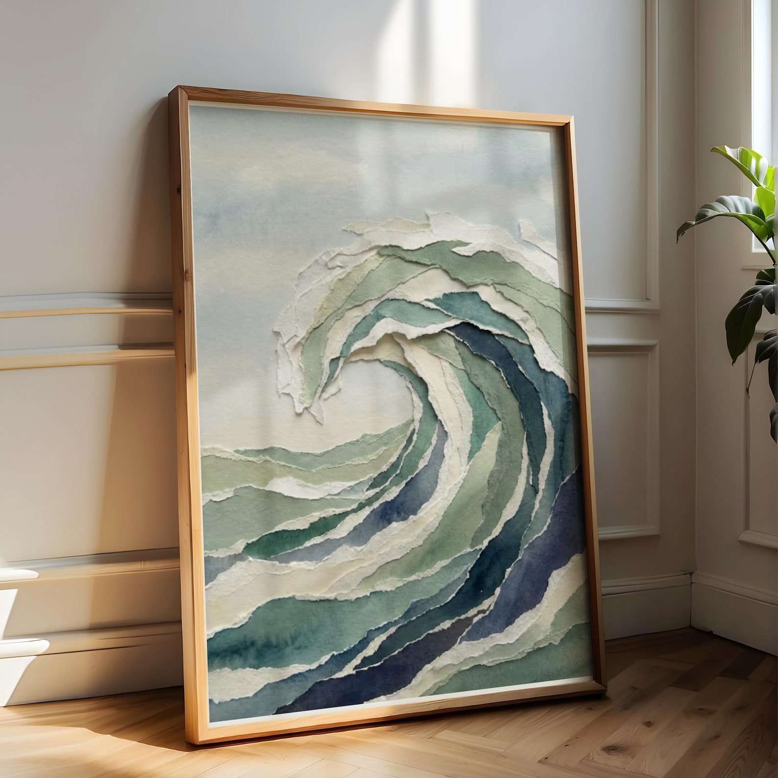 Layered Paper Ocean Wave Collage Art, Textured Coastal Wall Print ...