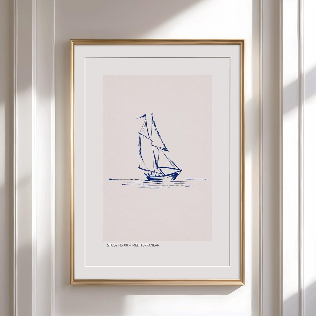 Navy Blue Sailboat Print, Mediterranean Coastal Art, Fine Line - Etsy