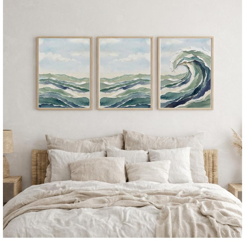 Abstract Layered Landscape Set, Textured Torn Paper Mountain Art, Green ...