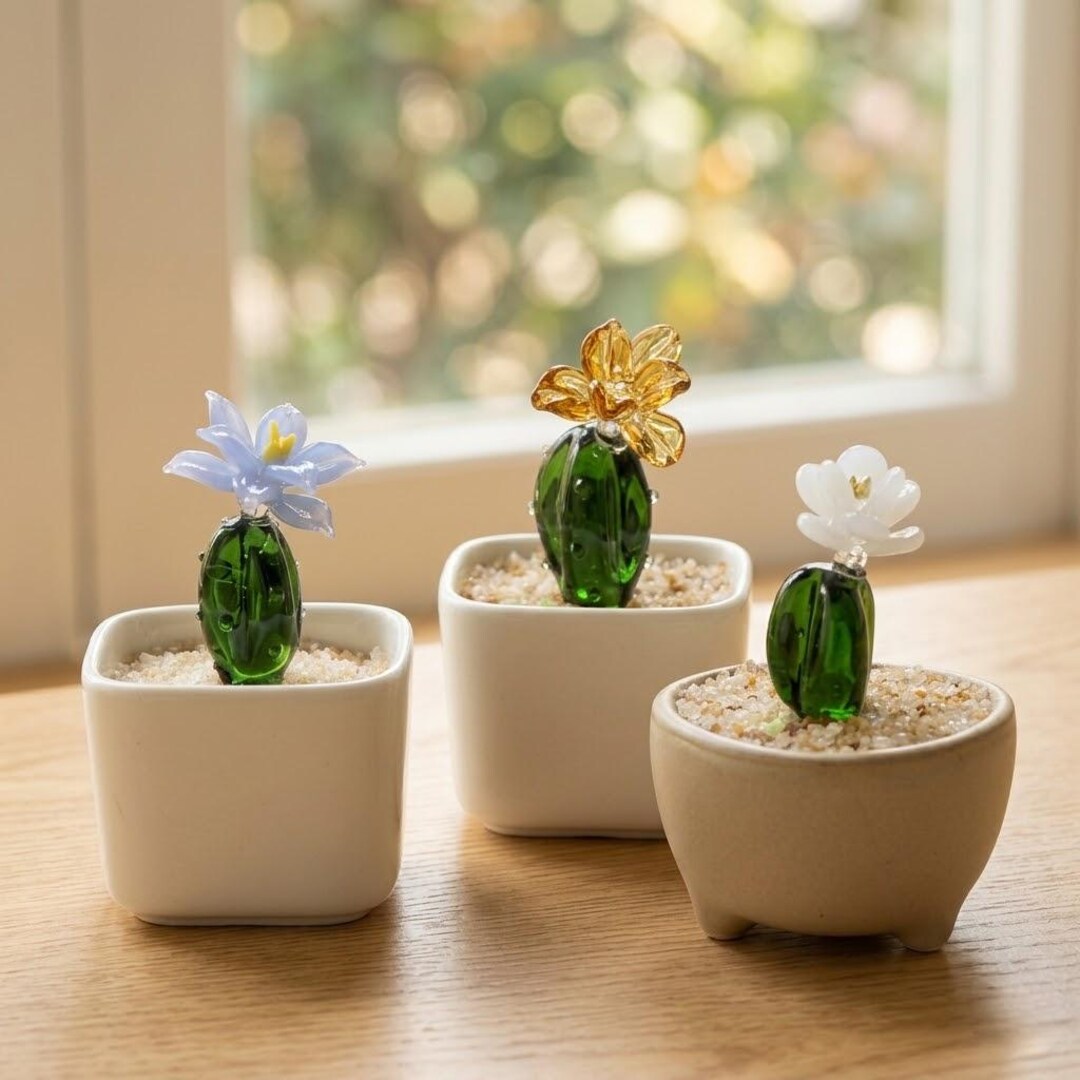 Hand Blown Glass Cactus Figurine, Ceramic Pot Desk Decor, Mini ...