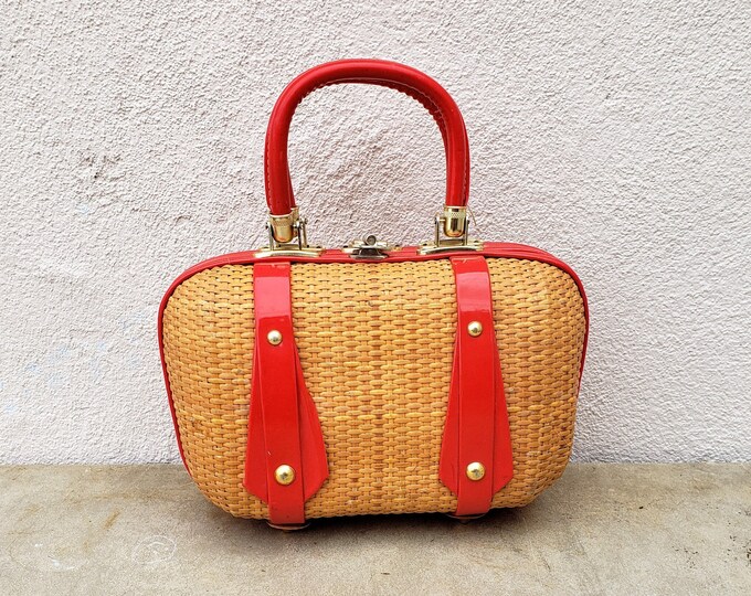 Ernest Blum for Simon Straw Box Purse With Red Patent Leather Details ...