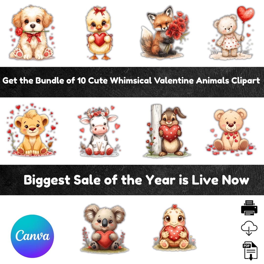 Whimsical Valentine Animals Clipart Set: Romantic Character Bundle 10 ...