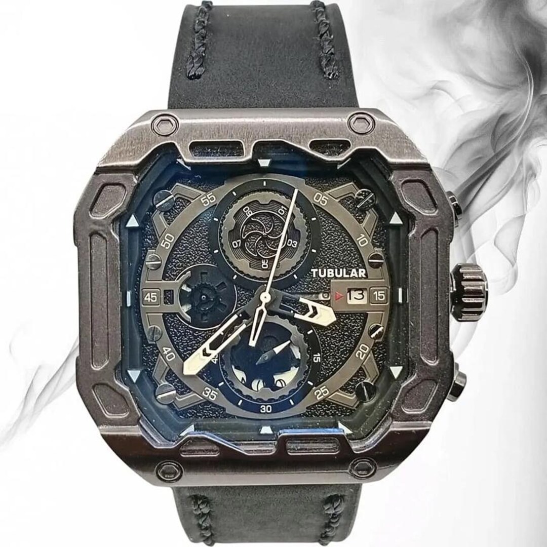 Square Skeleton Chronograph Watch for Men | Leather Strap Quartz Wrist ...