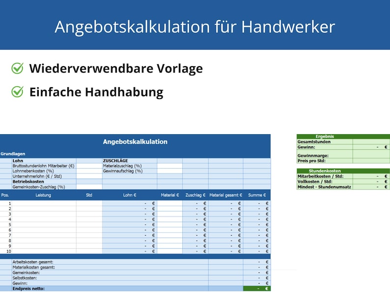 Excel Template for Quote Calculation in the Trades | Job Costing for ...