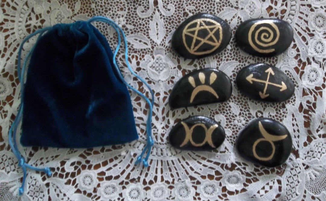 Set 6 Altar Stones Pagan, Wiccan Symbols in Handmade Velvet Bag ...
