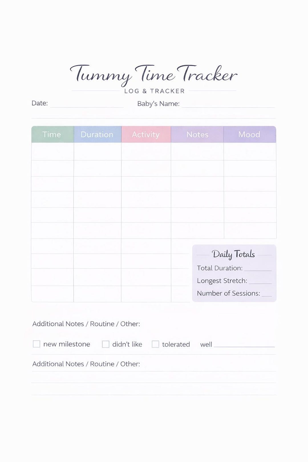 Tummy Time Tracker Printable PDF | Baby Daily Log Sheet | Newborn ...