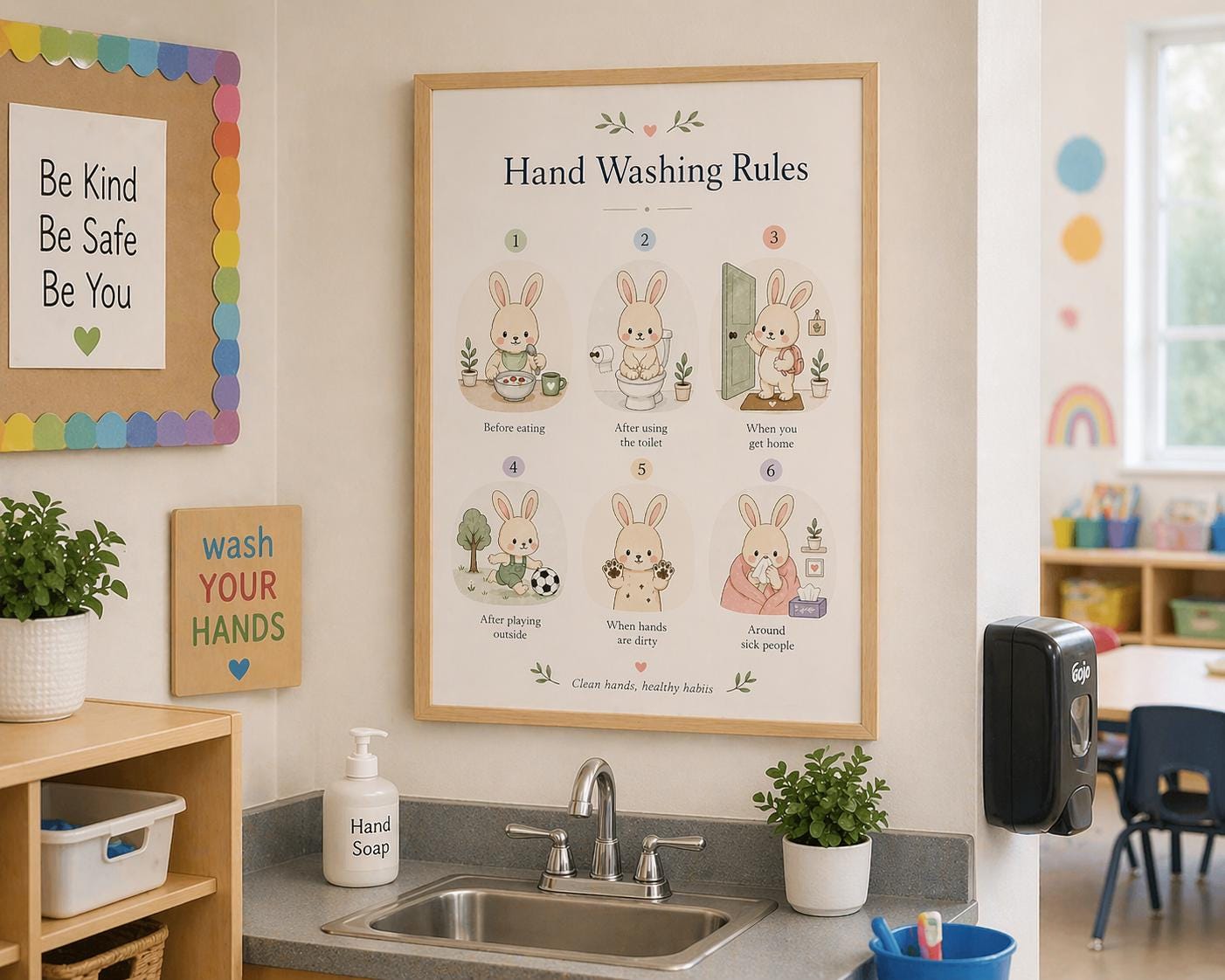 Cute Hand Washing Rules Poster for Kids – Bunny Hygiene Chart, Bathroom ...
