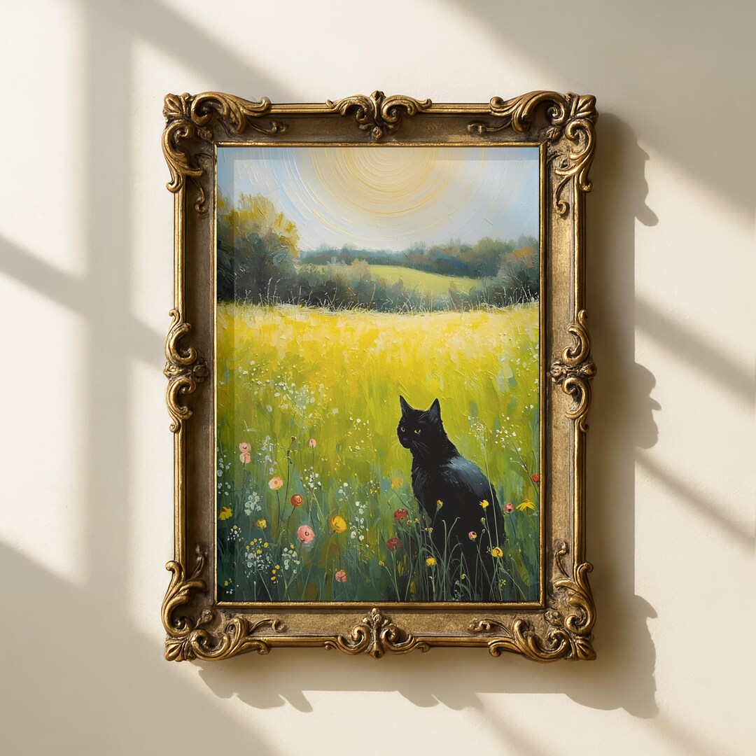 Black Cat Meadow Print, Cottagecore Floral Art (digital Download) - Etsy