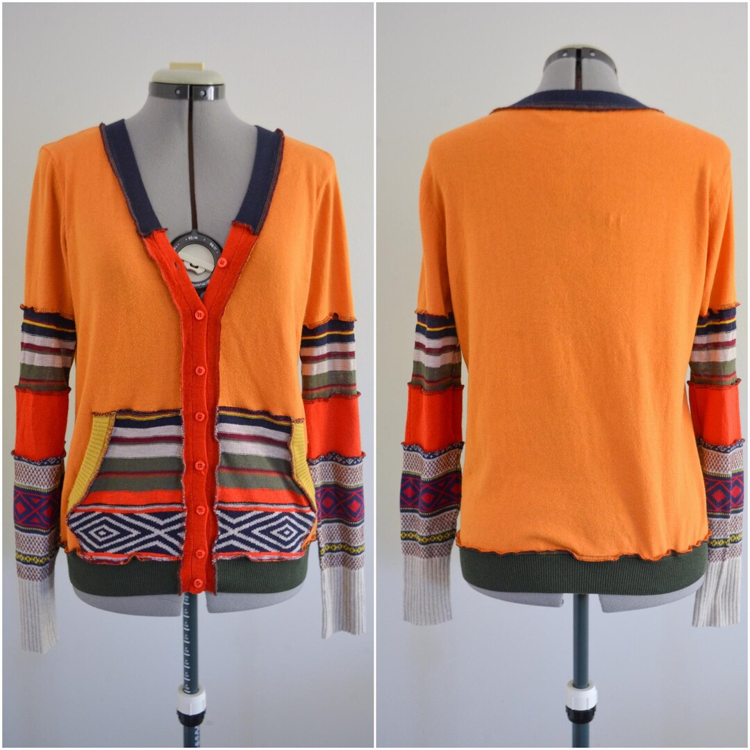 Lightweight Orange and Colorful Upcycled Patchwork Button up Sweater ...