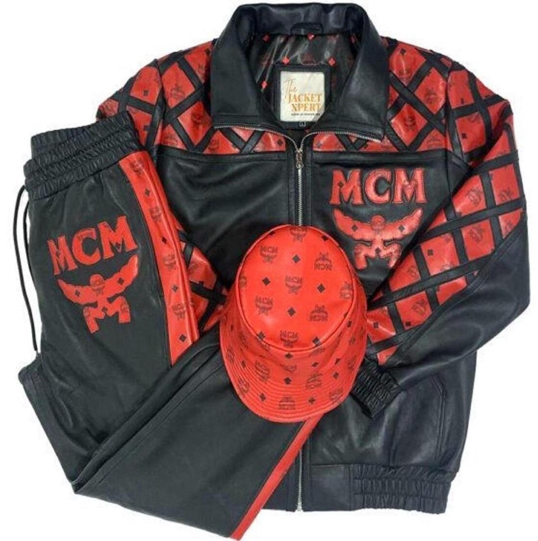 MCM Leather Tracksuit Set, Red and Black Jacket, Pants & Bucket Hat ...