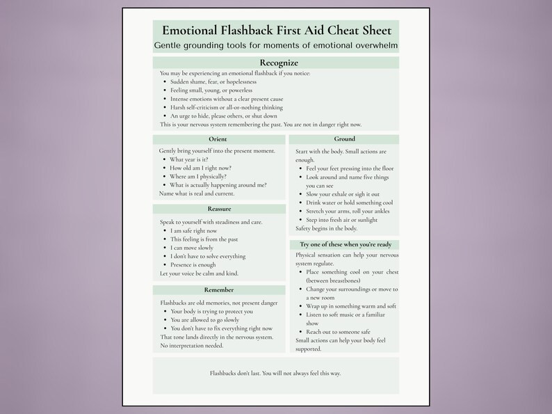 Emotional Flashback First Aid Cheat Sheet | CPTSD Grounding Worksheet ...