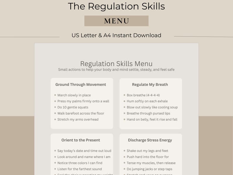 Regulation Skills Menu | Nervous System Reset and Somatic Coping Tools ...