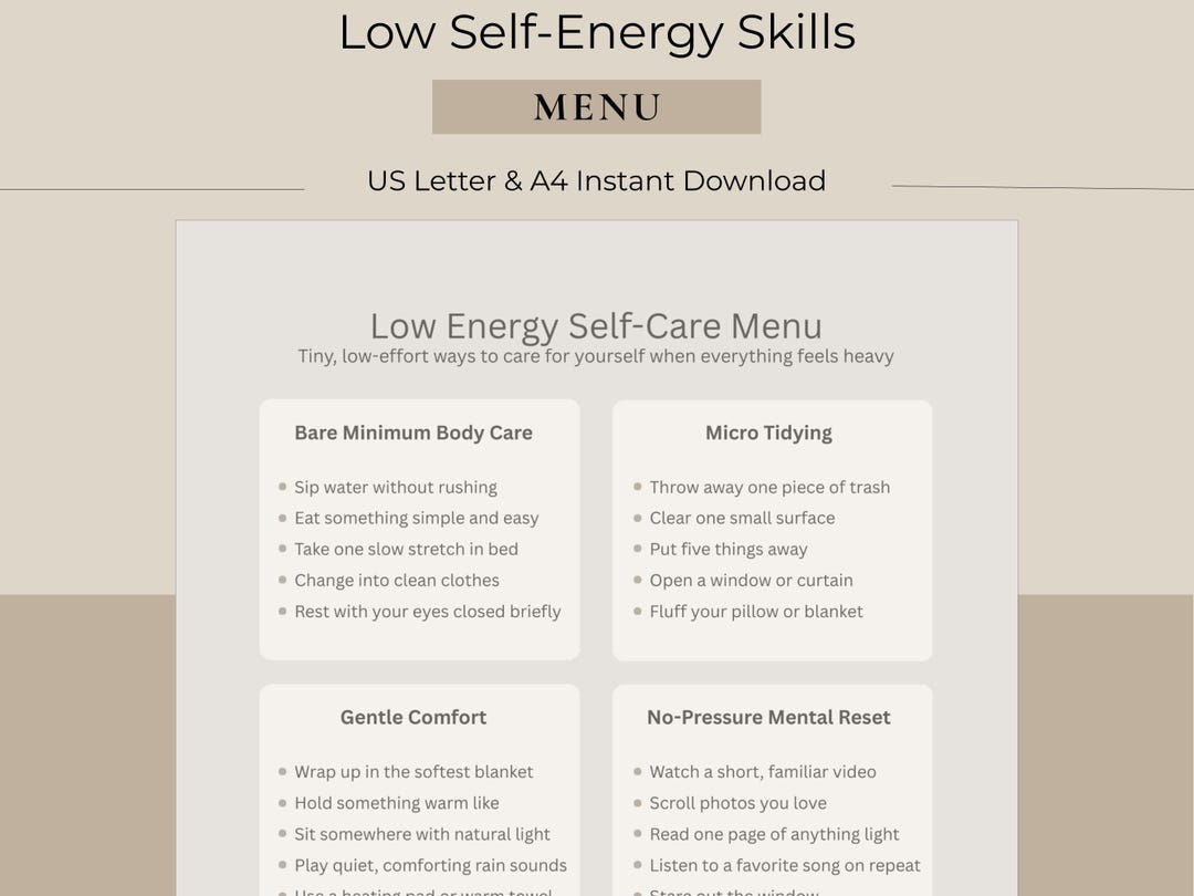 Low Energy Self Care Menu | Gentle Coping Skills and Comfort Tools PDF ...