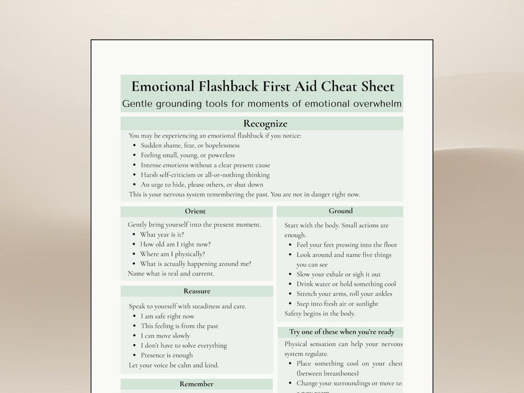 Emotional Flashback First Aid Cheat Sheet | CPTSD Grounding Worksheet ...