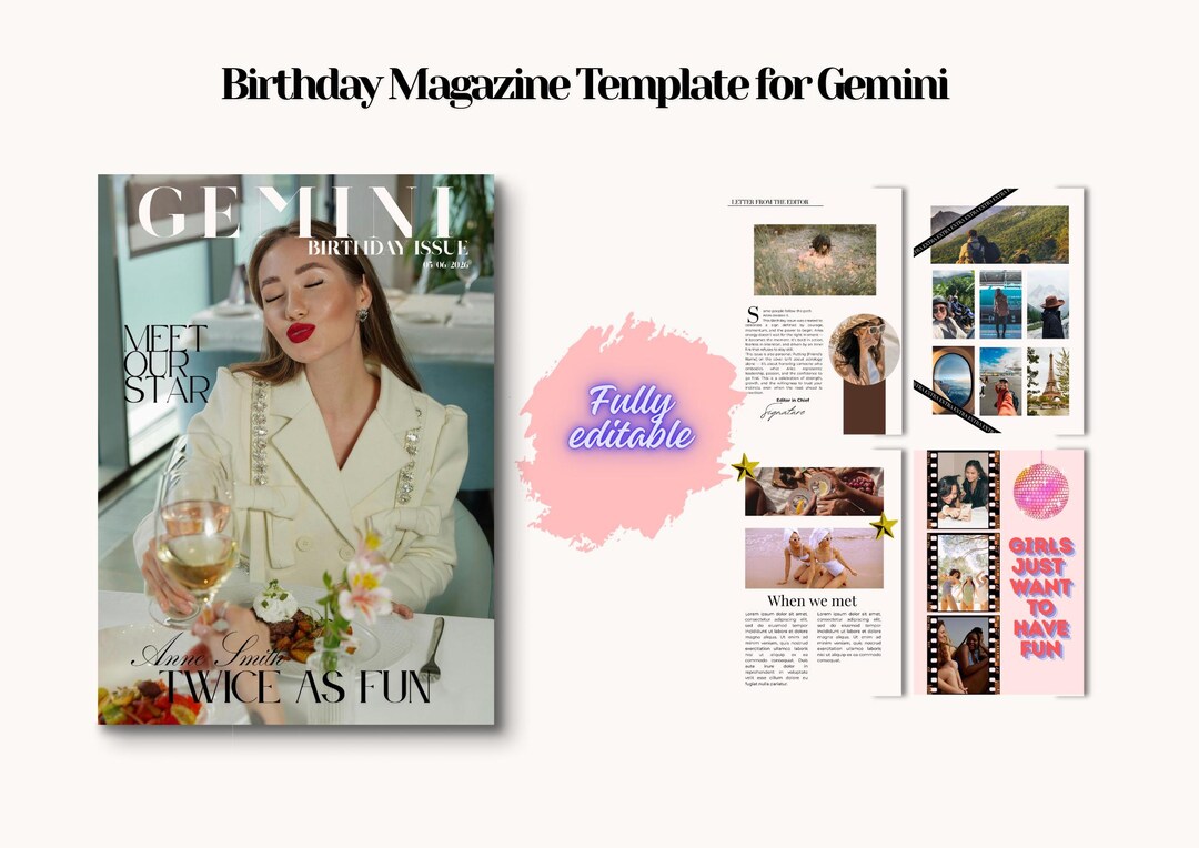 Gemini Birthday Photo Magazine Template | Editable Canva Gift (digital ...