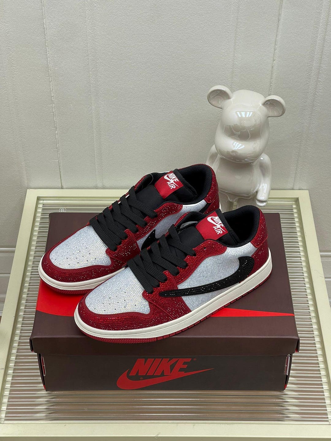 Custom AJ1 Low Red White Black Diamond-encrusted Sneakers, Handmade ...