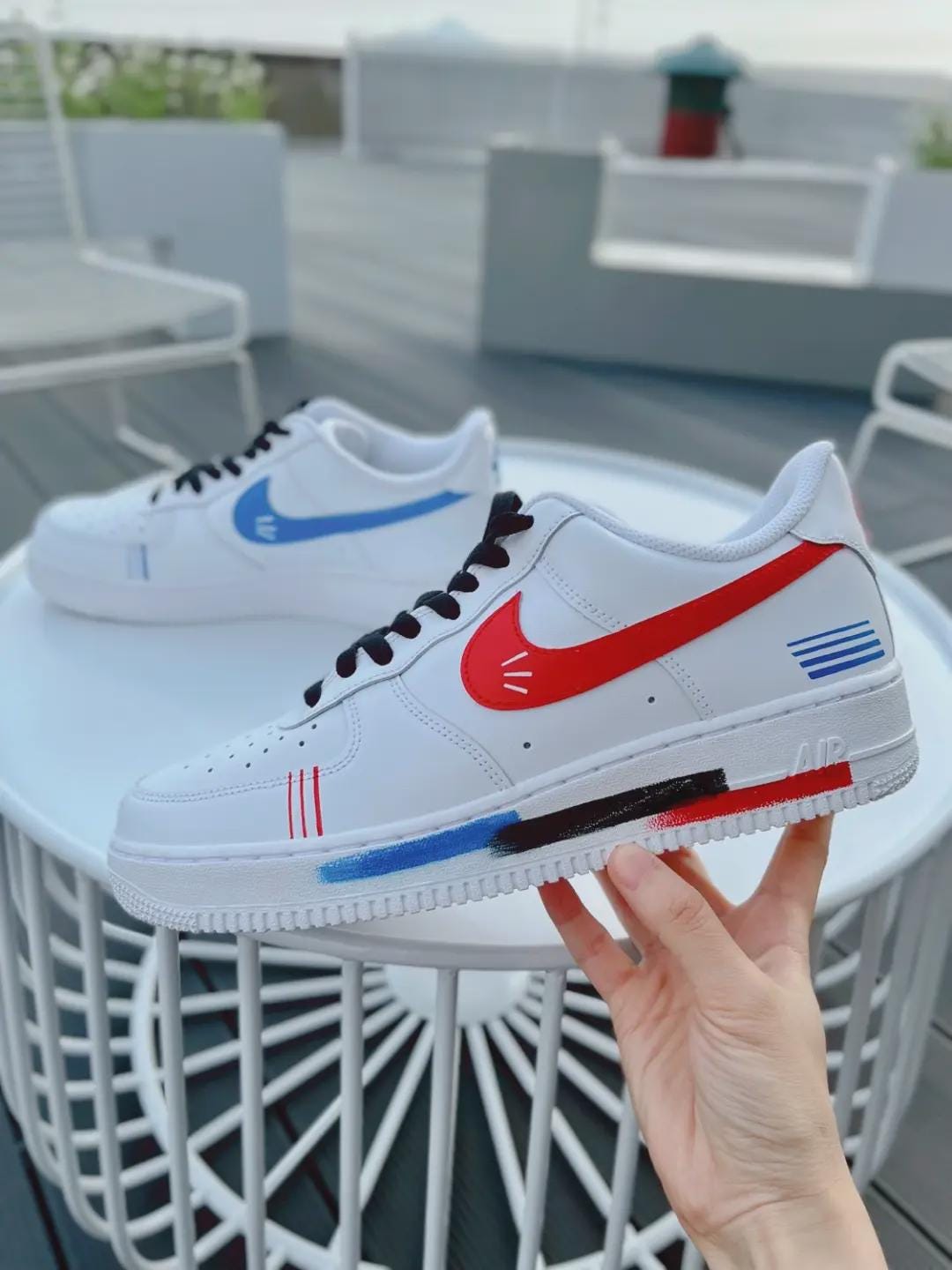 Custom White AF1 With Red Blue Swoosh | Abstract Paint Drip Design ...