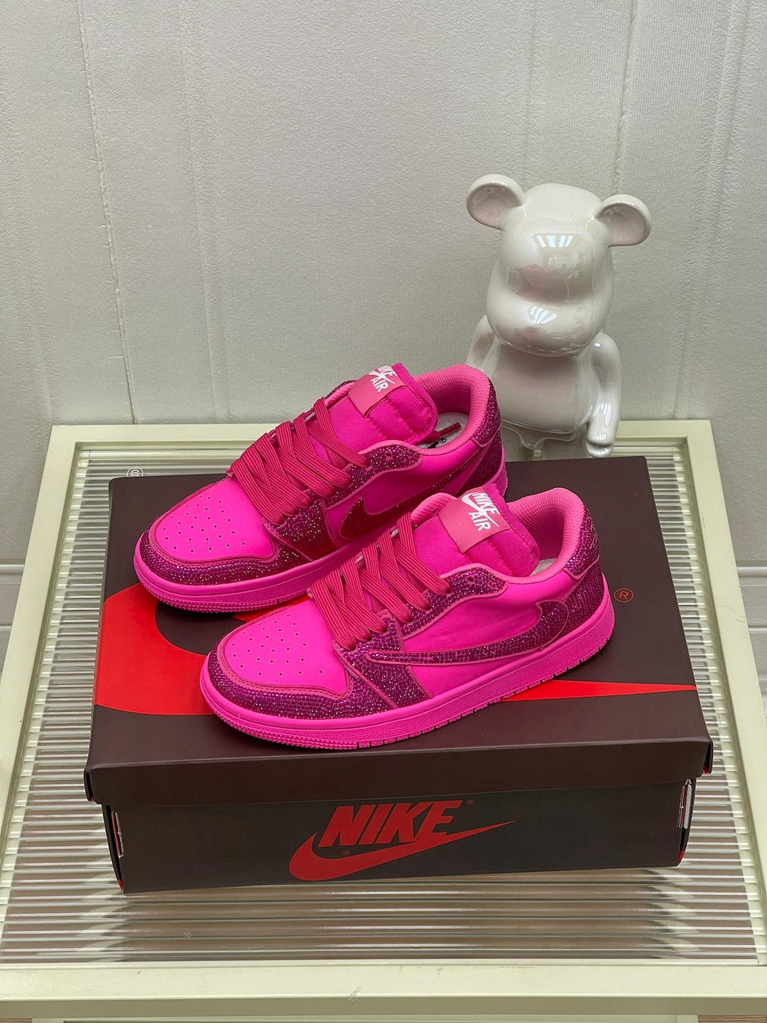 Custom AJ1 Low Hot Pink Diamond-encrusted Sneakers, Handmade Bling ...