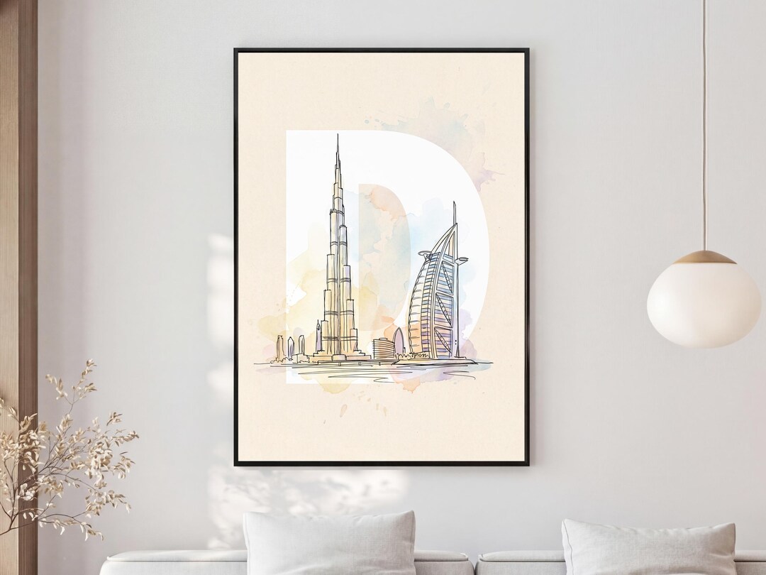 Dubai Watercolor Alphabet Art Letter D Burj Khalifa Burj Al Arab Decor ...