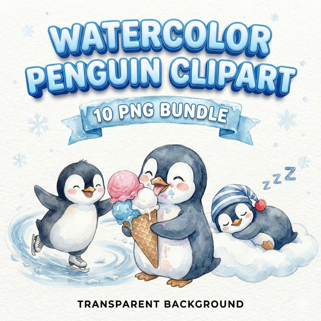 Watercolor Penguin Clipart Bundle, 10 Cute Winter Animal PNG, Baby ...