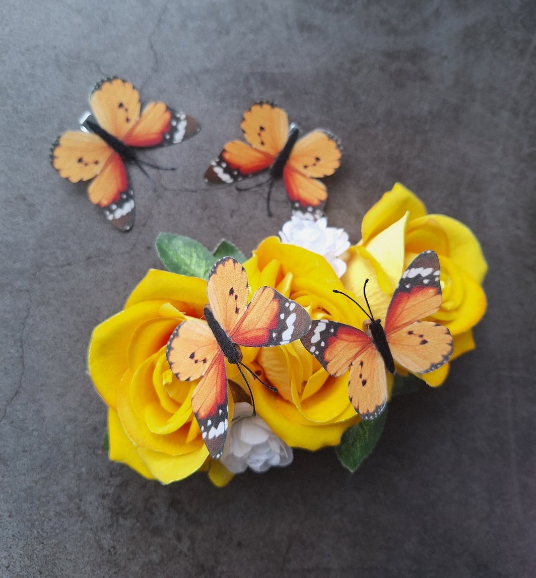 Monarch Hair Clip, Yellow Rose Hair Piece, Butterfly Clip, Vintage ...
