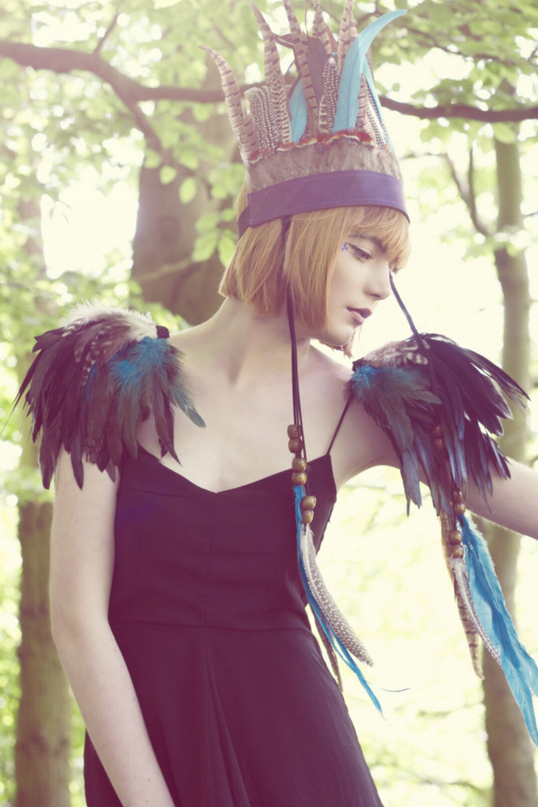 Natural Teal and Black Feather Shoulder Epaulette, Feather Wings ...