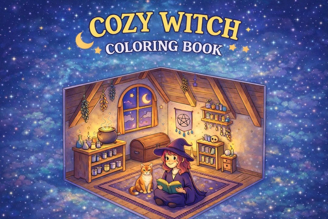 Cozy Witch Room Coloring Pages – Magical Interiors, Relaxing (instant ...