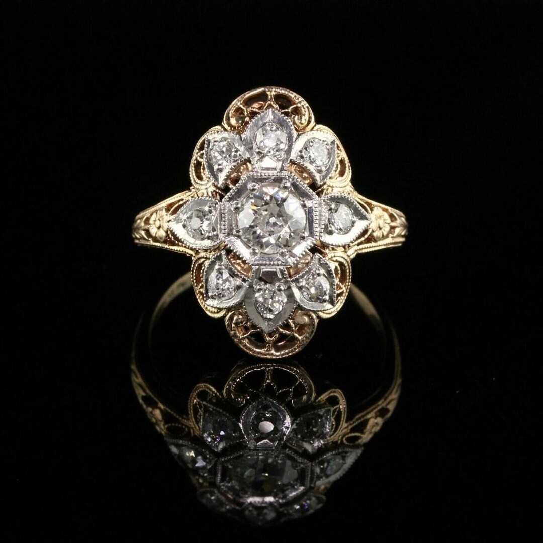 Art Nouveau Diamond Floral Cluster Ring, 14K Gold Vintage Engagement ...