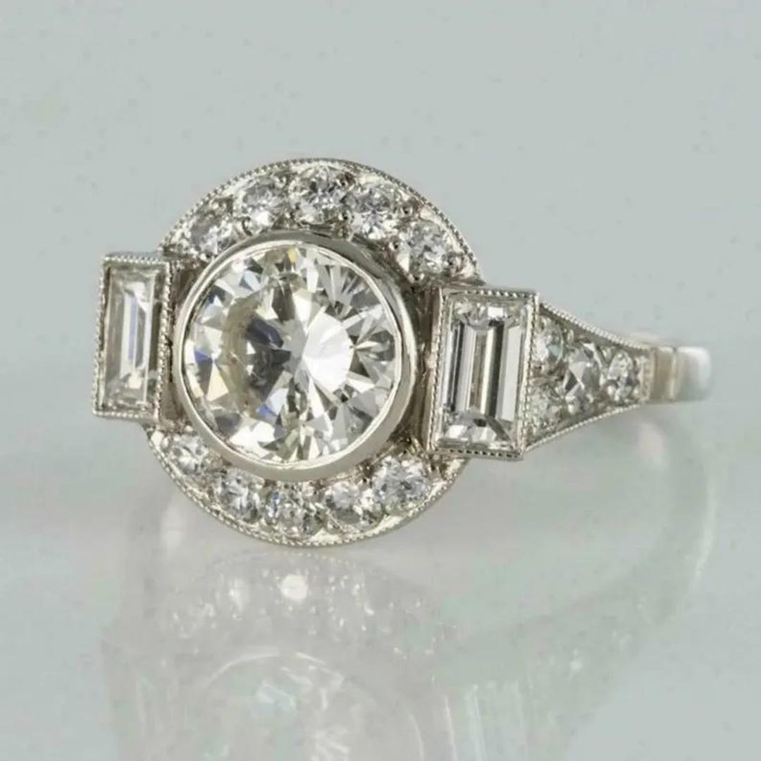 Art Deco Engagement Ring, Round Brilliant & Baguette Diamond Ring ...