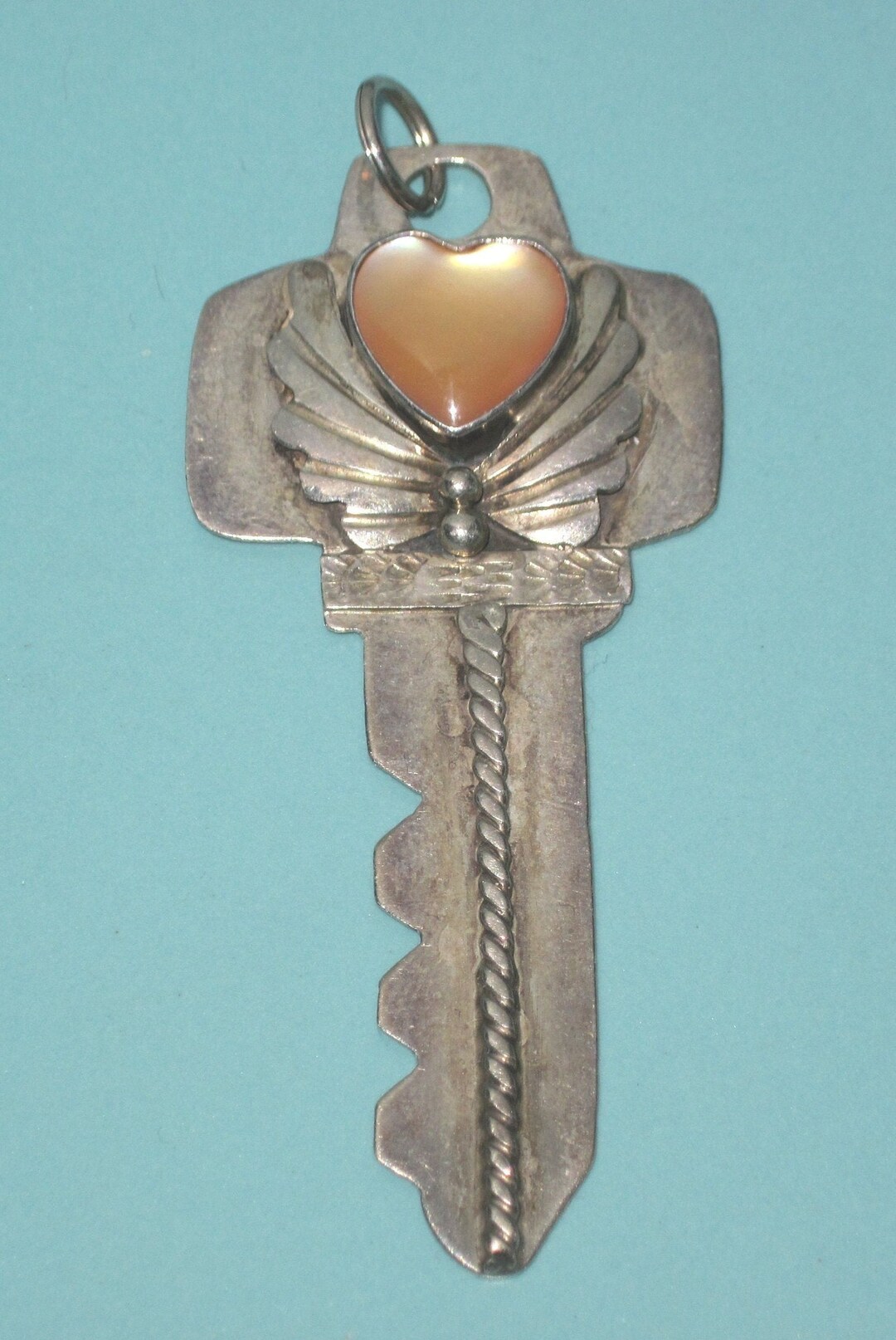 Navajo Signed Sterling Silver Pink MOP HEART 2 1/4" KEY Pendant Rare ...