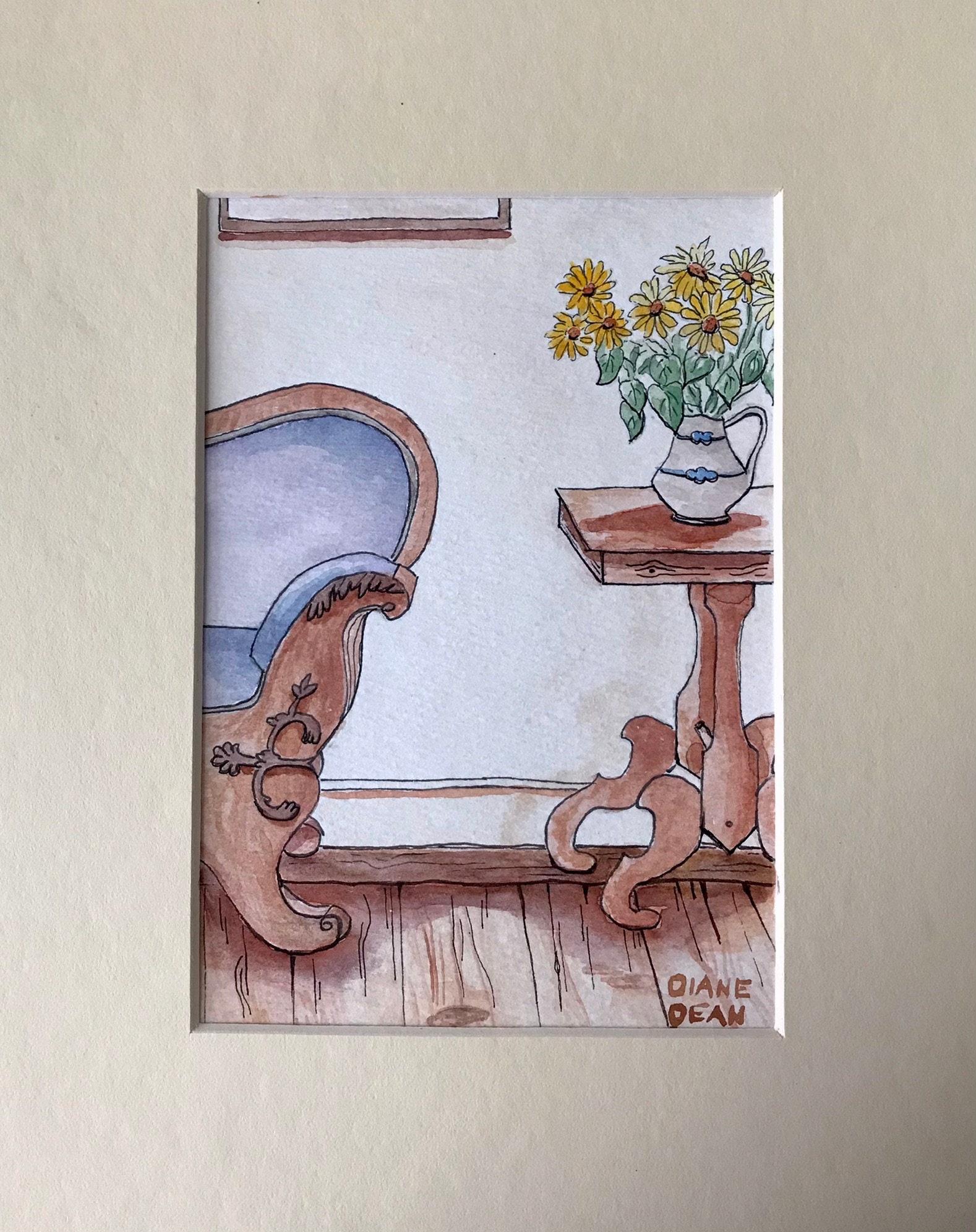 Original Watercolor Painting in Mat Line and Wash Interior - Etsy