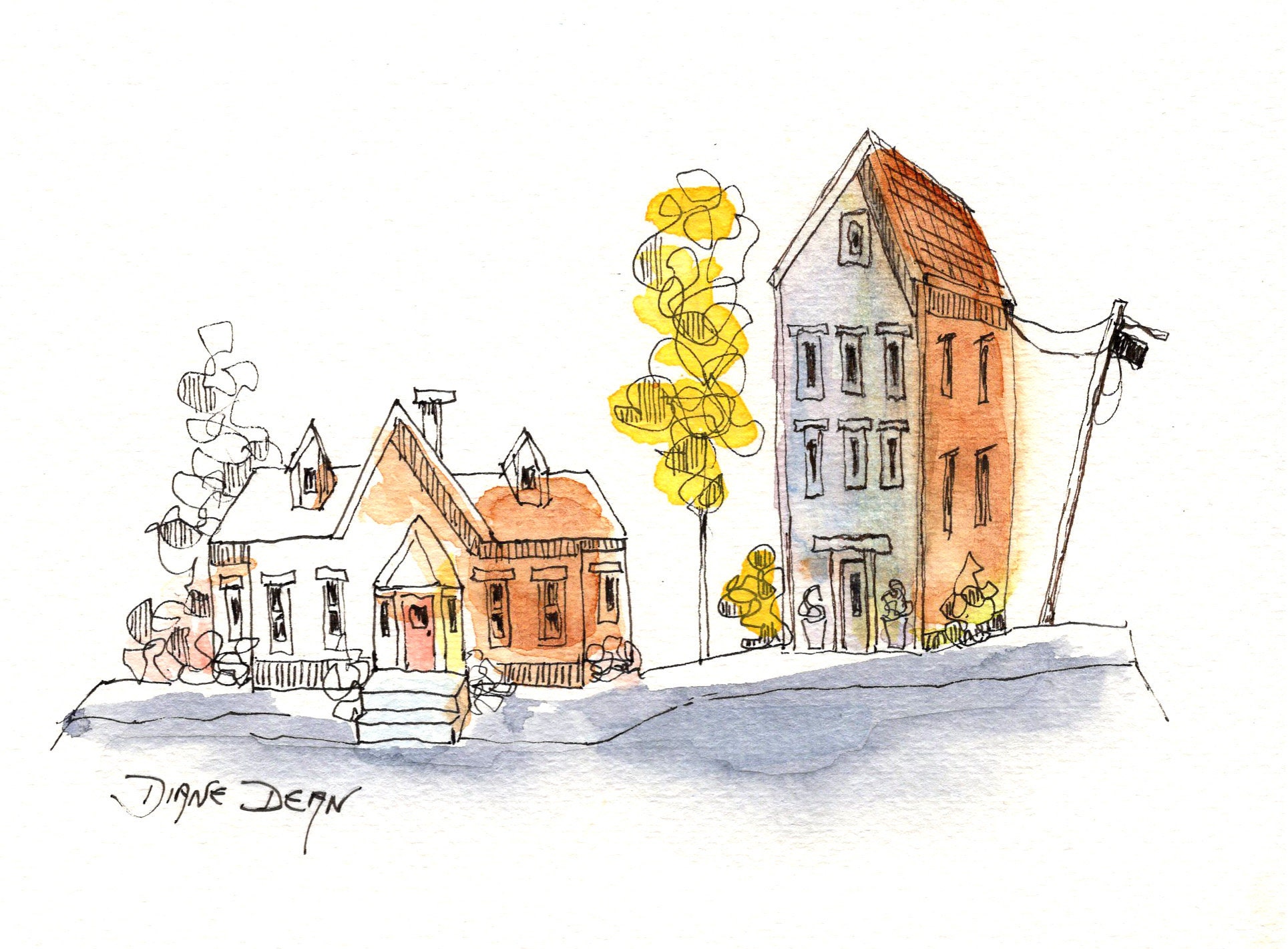 Urban Sketch of Houses, Cityscape, Street Scene Watercolor Print, Pen ...