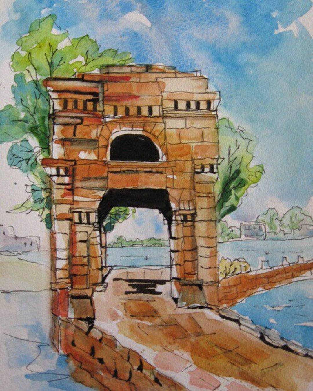 Watercolor Painting Ink and Wash Print of Boldt Castle Archway From New ...